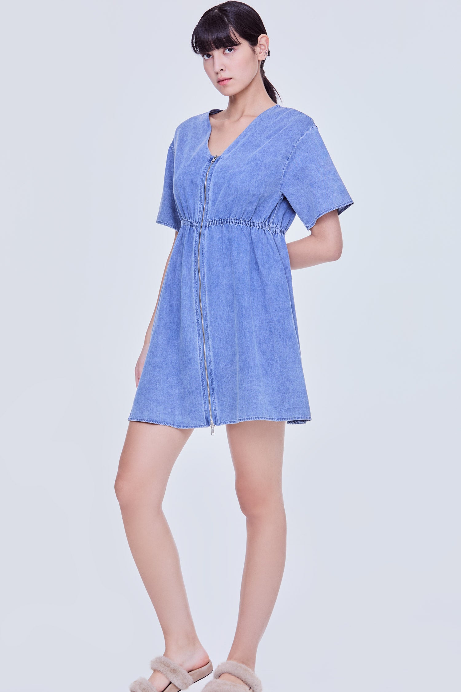 Elasticated Midi Denim Zip Dress – iORA